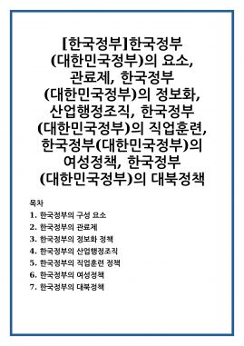 [한국정부]한국정부(대한민국정부)의 요소, 관료제, 한국정부(대한민국정부)의 정보화, 산업행정조직, 한국정부(대한민국정부)의 직업훈련, 한국정부(대한민국정부)의 여성정책, 한국정부(대한민국정부)의 대북정책-1페이지