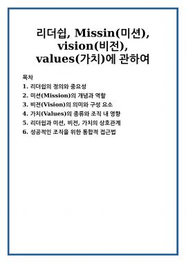 리더쉽, Missin(미션), vision(비전), values(가치)에 관하여-1페이지