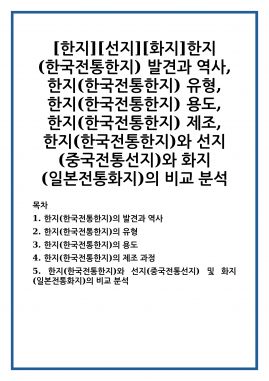 [한지][선지][화지]한지(한국전통한지) 발견과 역사, 한지(한국전통한지) 유형, 한지(한국전통한지) 용도, 한지(한국전통한지) 제조, 한지(한국전통한지)와 선지(중국전통선지)와 화지(일본전통화지)의 비교 분석-1페이지