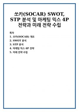 쏘카(SOCAR) SWOT, STP 분석 및 마케팅 믹스 4P 전략과 미래 전략 수립-1페이지