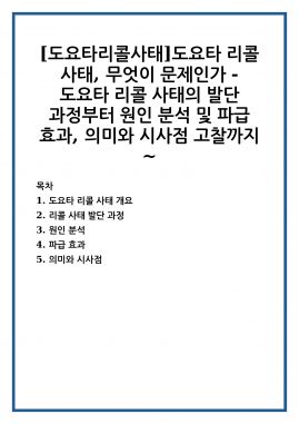 [도요타리콜사태]도요타 리콜 사태, 무엇이 문제인가 -도요타 리콜 사태의 발단 과정부터 원인 분석 및 파급 효과, 의미와 시사점 고찰까지~-1페이지