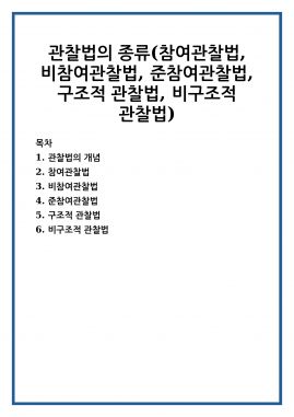 관찰법의 종류(참여관찰법, 비참여관찰법, 준참여관찰법, 구조적 관찰법, 비구조적 관찰법)-1페이지