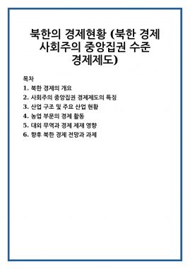 북한의 경제현황 (북한 경제 사회주의 중앙집권 수준 경제제도)-1페이지