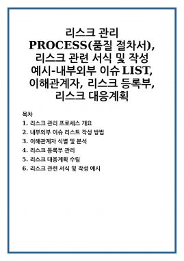 리스크 관리 PROCESS(품질 절차서), 리스크 관련 서식 및 작성 예시-내부외부 이슈LIST,이해관계자, 리스크 등록부, 리스크 대응계획-1페이지