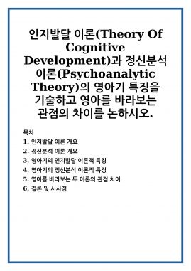 인지발달 이론(Theory Of Cognitive Development)과 정신분석 이론(Psychoanalytic Theory)의 영아기 특징을 기술하고 영아를 바라보는 관점의 차이를 논하시오.-1페이지