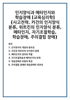 인지양식과 메타인지와 학습장애 [교육심리학] {사고전략, 카건의 인지양식 분류, 위트킨의 인지양식 분류, 메타인지, 자기조절학습, 학습장애, 주의결핍 장애}-1페이지