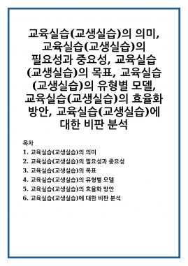 교육실습(교생실습)의 의미, 교육실습(교생실습)의 필요성과 중요성, 교육실습(교생실습)의 목표, 교육실습(교생실습)의 유형별 모델, 교육실습(교생실습)의 효율화 방안, 교육실습(교생실습)에 대한 비판 분석-1페이지