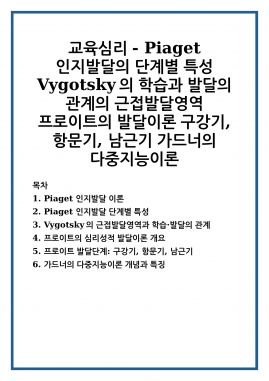 교육심리 - Piaget 인지발달의 단계별 특성 Vygotsky의 학습과 발달의 관계의 근접발달영역 프로이트의 발달이론 구강기, 항문기, 남근기 가드너의 다중지능이론-1페이지