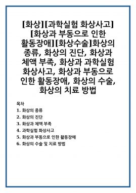 [화상][과학실험 화상사고][화상과 부동으로 인한 활동장애][화상수술]화상의 종류, 화상의 진단, 화상과 체액 부족, 화상과 과학실험 화상사고, 화상과 부동으로 인한 활동장애, 화상의 수술, 화상의 치료 방법-1페이지