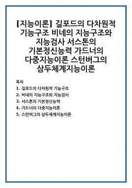 [지능이론] 길포드의 다차원적 기능구조 비네의 지능구조와 지능검사 서스톤의 기본정신능력 가드너의 다중지능이론 스턴버그의 삼두체계지능이론-1페이지