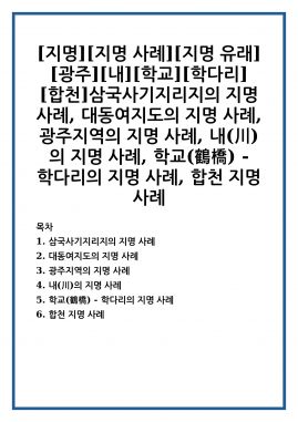 [지명][지명 사례][지명 유래][광주][내][학교][학다리][합천]삼국사기지리지의 지명 사례, 대동여지도의 지명 사례, 광주지역의 지명 사례, 내(川)의 지명 사례, 학교(鶴橋) - 학다리의 지명 사례, 합천 지명 사례-1페이지
