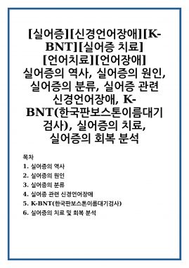 [실어증][신경언어장애][K-BNT][실어증 치료][언어치료][언어장애]실어증의 역사, 실어증의 원인, 실어증의 분류, 실어증 관련 신경언어장애, K-BNT(한국판보스톤이름대기검사), 실어증의 치료, 실어증의 회복 분석-1페이지