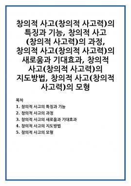 창의적 사고(창의적 사고력)의 특징과 기능, 창의적 사고(창의적 사고력)의 과정, 창의적 사고(창의적 사고력)의 새로움과 기대효과, 창의적 사고(창의적 사고력)의 지도방법, 창의적 사고(창의적 사고력)의 모형-1페이지