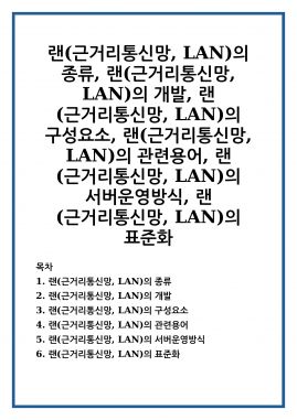 랜(근거리통신망, LAN)의 종류, 랜(근거리통신망, LAN)의 개발, 랜(근거리통신망, LAN)의 구성요소, 랜(근거리통신망, LAN)의 관련용어, 랜(근거리통신망, LAN)의 서버운영방식, 랜(근거리통신망, LAN)의 표준화-1페이지
