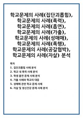 학교문제의 사례(집단괴롭힘), 학교문제의 사례(폭력), 학교문제의 사례(흡연), 학교문제의 사례(가출), 학교문제의 사례(성매매), 학교문제의 사례(폭행), 학교문제의 사례(공갈협박), 학교문제의 사례(자살) 분석-1페이지