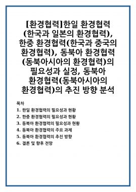 [환경협력]한일 환경협력(한국과 일본의 환경협력), 한중 환경협력(한국과 중국의 환경협력), 동북아 환경협력(동북아시아의 환경협력)의 필요성과 실정, 동북아 환경협력(동북아시아의 환경협력)의 추진 방향 분석-1페이지