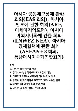 아시아 공동체구상에 관한 회의(EAS회의), 아시아 안보에 관한 회의(ARF, 아세아지역포럼), 아시아 비핵지대화에 관한 회의(LNWFZ NEA), 아시아 경제협력에 관한 회의(ASEAN+3회의, 동남아시아국가연합회의)-1페이지
