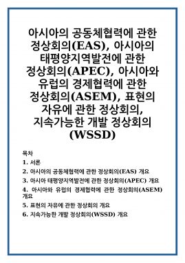 아시아의 공동체협력에 관한 정상회의(EAS), 아시아의 태평양지역발전에 관한 정상회의(APEC), 아시아와 유럽의 경제협력에 관한 정상회의(ASEM), 표현의 자유에 관한 정상회의, 지속가능한 개발 정상회의(WSSD)-1페이지