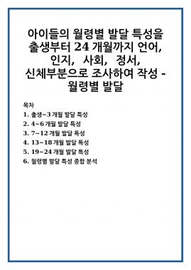 아이들의 월령별 발달 특성을 출생부터 24개월까지 언어,  인지,  사회,  정서,  신체부분으로 조사하여 작성 - 월령별 발달-1페이지