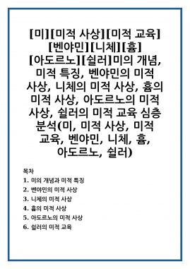 [미][미적 사상][미적 교육][벤야민][니체][흄][아도르노][쉴러]미의 개념, 미적 특징, 벤야민의 미적 사상, 니체의 미적 사상, 흄의 미적 사상, 아도르노의 미적 사상, 쉴러의 미적 교육 심층 분석(미, 미적 사상, 미적 교육, 벤야민, 니체, 흄, 아도르노, 쉴러)-1페이지