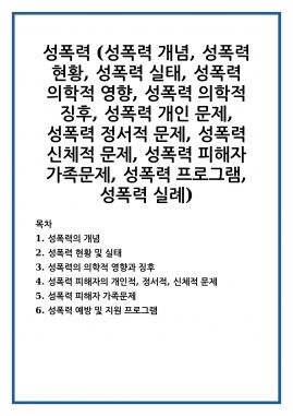 성폭력 (성폭력 개념, 성폭력 현황, 성폭력 실태, 성폭력 의학적 영향, 성폭력 의학적 징후, 성폭력 개인 문제, 성폭력 정서적 문제, 성폭력 신체적 문제, 성폭력 피해자 가족문제, 성폭력 프로그램, 성폭력 실례)-1페이지