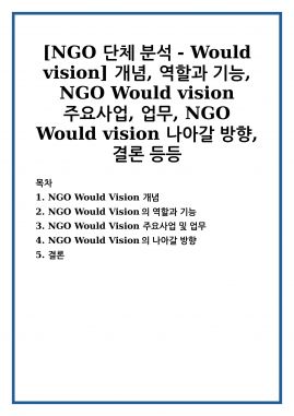 [NGO 단체 분석 - Would vision] 개념, 역할과 기능, NGO Would vision 주요사업, 업무, NGO Would vision 나아갈 방향, 결론 등등-1페이지