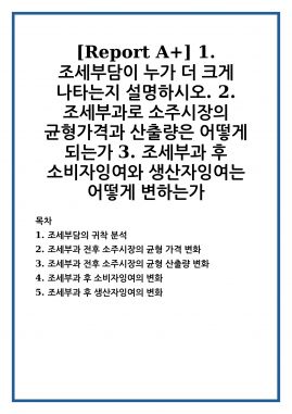 [Report] 1. 조세부담이 누가 더 크게 나타는지 설명하시오. 2. 조세부과로 소주시장의 균형가격과 산출량은 어떻게 되는가 3. 조세부과 후 소비자잉여와 생산자잉여는 어떻게 변하는가-1페이지