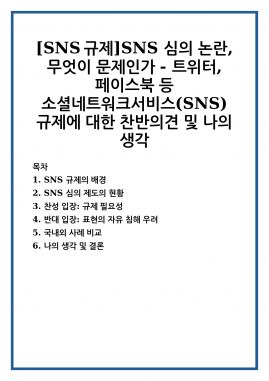 [SNS규제]SNS 심의 논란, 무엇이 문제인가 - 트위터, 페이스북 등 소셜네트워크서비스(SNS) 규제에 대한 찬반의견 및 나의 생각-1페이지
