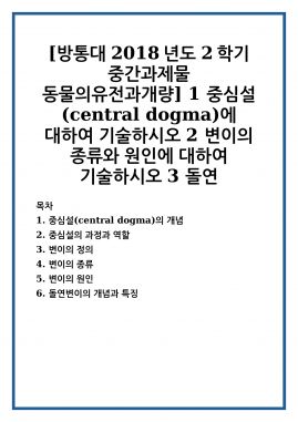 [방통대 2018년도 2학기 중간과제물 동물의유전과개량] 1 중심설(central dogma)에 대하여 기술하시오 2 변이의 종류와 원인에 대하여 기술하시오 3 돌연-1페이지