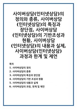 사이버상담(인터넷상담)의 정의와 종류, 사이버상담(인터넷상담)의 특징과 장단점, 사이버상담(인터넷상담)의 기반조성과 현황, 사이버상담(인터넷상담)의 내용과 실제, 사이버상담(인터넷상담) 과정과 한계 및 제언-1페이지