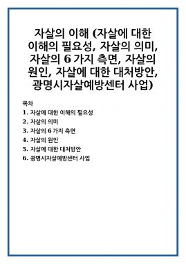 자살의 이해 (자살에 대한 이해의 필요성, 자살의 의미, 자살의 6가지 측면, 자살의 원인, 자살에 대한 대처방안, 광명시자살예방센터 사업)-1페이지