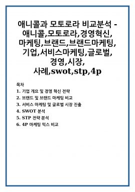 애니콜과 모토로라 비교분석 - 애니콜,모토로라,경영혁신,마케팅,브랜드,브랜드마케팅,기업,서비스마케팅,글로벌,경영,시장,사례,swot,stp,4p-1페이지