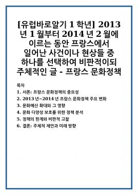 [유럽바로알기 1학년] 2013년 1월부터 2014년 2월에 이르는 동안 프랑스에서 일어난 사건이나 현상들 중 하나를 선택하여 비판적이되 주체적인 글 - 프랑스 문화정책-1페이지