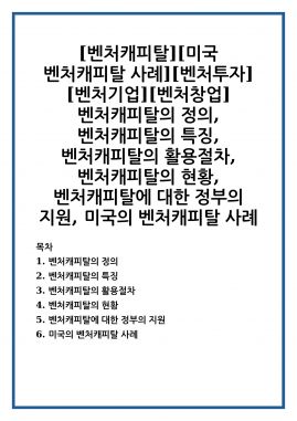[벤처캐피탈][미국 벤처캐피탈 사례][벤처투자][벤처기업][벤처창업]벤처캐피탈의 정의, 벤처캐피탈의 특징, 벤처캐피탈의 활용절차, 벤처캐피탈의 현황, 벤처캐피탈에 대한 정부의 지원, 미국의 벤처캐피탈 사례-1페이지