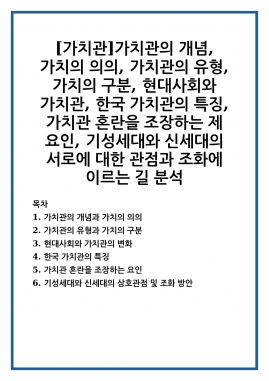[가치관]가치관의 개념, 가치의 의의, 가치관의 유형, 가치의 구분, 현대사회와 가치관, 한국 가치관의 특징, 가치관 혼란을 조장하는 제 요인, 기성세대와 신세대의 서로에 대한 관점과 조화에 이르는 길 분석-1페이지