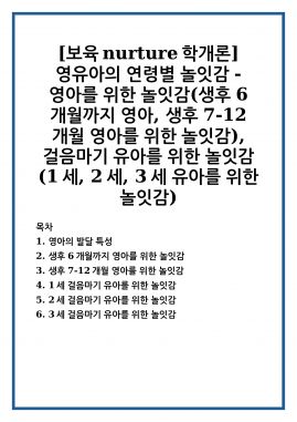 [보육nurture학개론] 영유아의 연령별 놀잇감 - 영아를 위한 놀잇감(생후 6개월까지 영아, 생후 7-12개월 영아를 위한 놀잇감), 걸음마기 유아를 위한 놀잇감(1세, 2세, 3세 유아를 위한 놀잇감)-1페이지