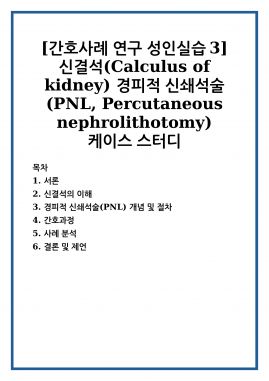 [간호사례 연구 성인실습3] 신결석(Calculus of kidney) 경피적 신쇄석술(PNL, Percutaneous nephrolithotomy) 케이스 스터디-1페이지