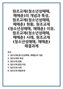 원조교제(청소년성매매, 매매춘)의 개념과 특성, 원조교제(청소년성매매, 매매춘) 현황, 원조교제(청소년성매매, 매매춘) 이유, 원조교제(청소년성매매, 매매춘) 사례, 원조교제(청소년성매매, 매매춘) 해결과제-1페이지
