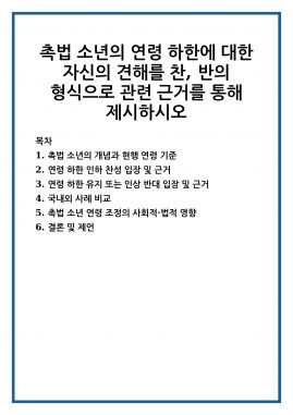 촉법 소년의 연령 하한에 대한 자신의 견해를 찬, 반의 형식으로 관련 근거를 통해 제시하시오-1페이지