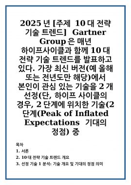 2025년 [주제  10대 전략 기술 트렌드]  Gartner Group은 매년 하이프사이클과 함께 10대 전략 기술 트렌드를 발표하고 있다. 가장 최신 버전(예 올해 또는 전년도만 해당)에서 본인이 관심 있는 기술을 2개 선정(단, 하이프 사이클의 경우, 2단계에 위치한 기술(2단계(Peak of Inflated Expectations  기대의 정점) 중-1페이지