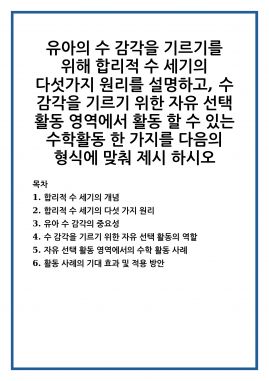 유아의 수 감각을 기르기를 위해 합리적 수 세기의 다섯가지 원리를 설명하고, 수 감각을 기르기 위한 자유 선택 활동 영역에서 활동 할 수 있는 수학활동 한 가지를 다음의 형식에 맞춰 제시 하시오-1페이지
