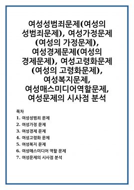 여성성범죄문제(여성의 성범죄문제), 여성가정문제(여성의 가정문제), 여성경제문제(여성의 경제문제), 여성고령화문제(여성의 고령화문제), 여성복지문제, 여성매스미디어역할문제, 여성문제의 시사점 분석-1페이지