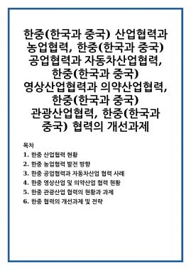 한중(한국과 중국) 산업협력과 농업협력, 한중(한국과 중국) 공업협력과 자동차산업협력, 한중(한국과 중국) 영상산업협력과 의약산업협력, 한중(한국과 중국) 관광산업협력, 한중(한국과 중국) 협력의 개선과제-1페이지
