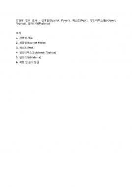 감염병 일부 조사 - 성홍열(Scarlet Fever), 페스트(Pest), 발진티푸스(Epidemic Typhus), 말라리아(Malaria)-1페이지