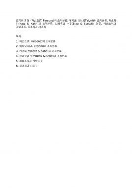 조직의 유형 - 파슨즈(T. Parsons)의 조직분류, 에치오니(A. ETzioni)의 조직분류, 카츠와 칸(Katz & Kahn)의 조직분류, 브라우와 수콧(Blau & Scott)의 분류, 폐쇄조직과 개방조직, 공조직과 사조직-1페이지