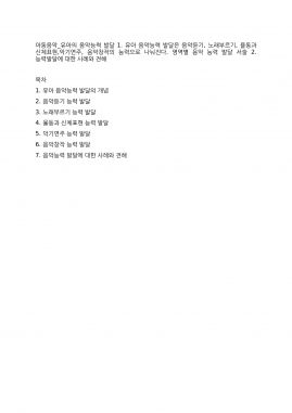 아동음악_유아의 음악능력 발달 1. 유아 음악능력 발달은 음악듣기, 노래부르기, 율동과 신체표현,악기연주, 음악창작의 능력으로 나눠진다. 영역별 음악 능력 발달 서술 2. 능력발달에 대한 사례와 견해-1페이지