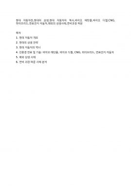 현대 자동차란,현대의 상생,현대 자동차의 역사,바이오 에탄올,바이오 디젤,CNG,하이브리드,연료전지 자동차,해외의 상생사례,연비과장 파문-1페이지