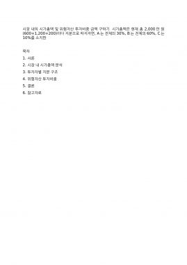 시장 내의 시가총액 및 위험자산 투자비중 금액 구하기  시가총액은 현재 총 2,000만 원(600+1,200+200)이다 지분으로 따지자면, A는 전체의 30%, B는 전체의 60%, C는 10%를 소지한-1페이지