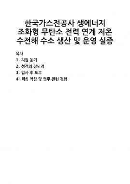 [자기소개서] 한국가스전공사 생에너지 조화형 무탄소 전력 연계 저온 수전해 수소 생산 및 운영 실증 자기소개서 우수 예문 BEST 자소서-1페이지