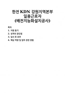 [자기소개서] 한전KDN 강원지역본부 일용근로자 (배전지능화설치공사) 자기소개서 우수 예문 BEST 자소서-1페이지